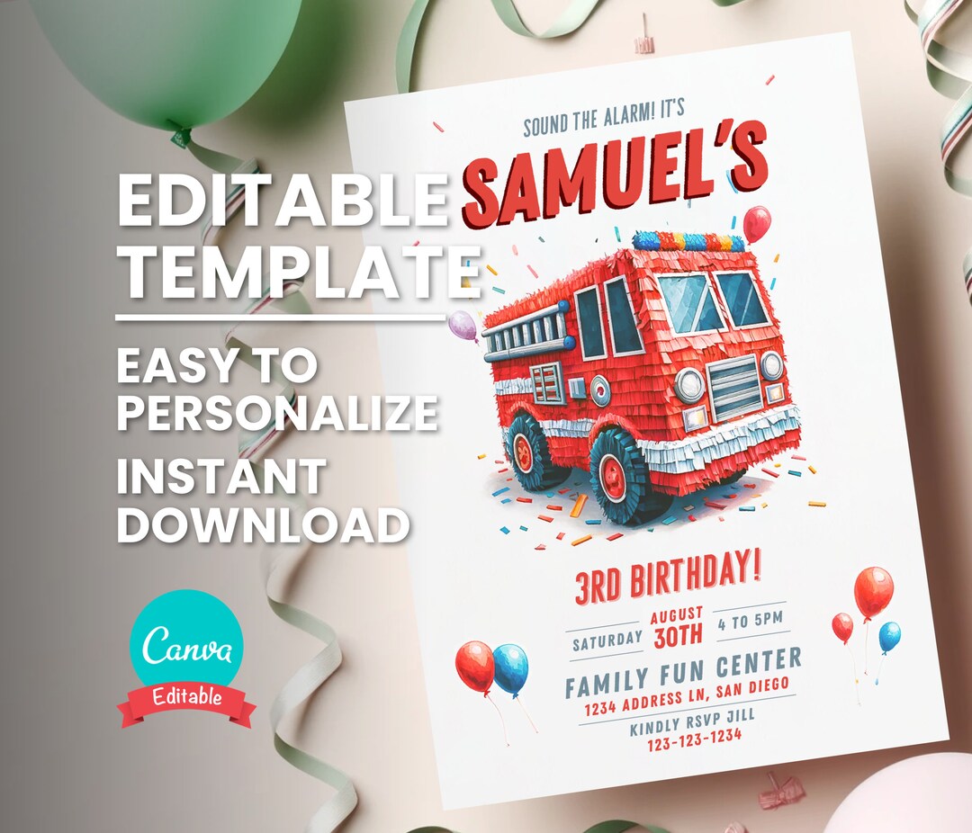 Fire Truck Pinata Birthday Invite for Boy or Girl Fire Engine Piñata ...