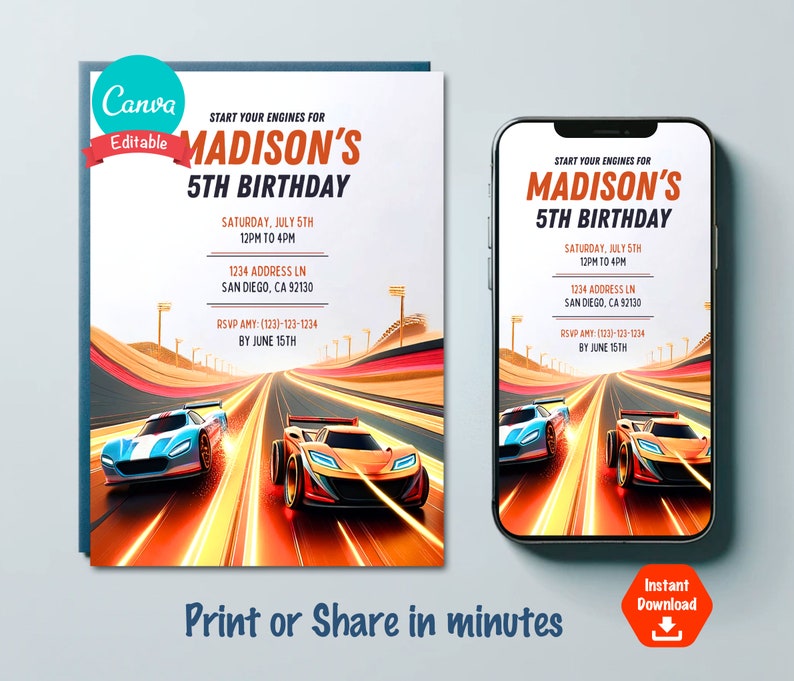 Racing Party Invitation for Race Car Birthday Party Invite, Racing Car ...