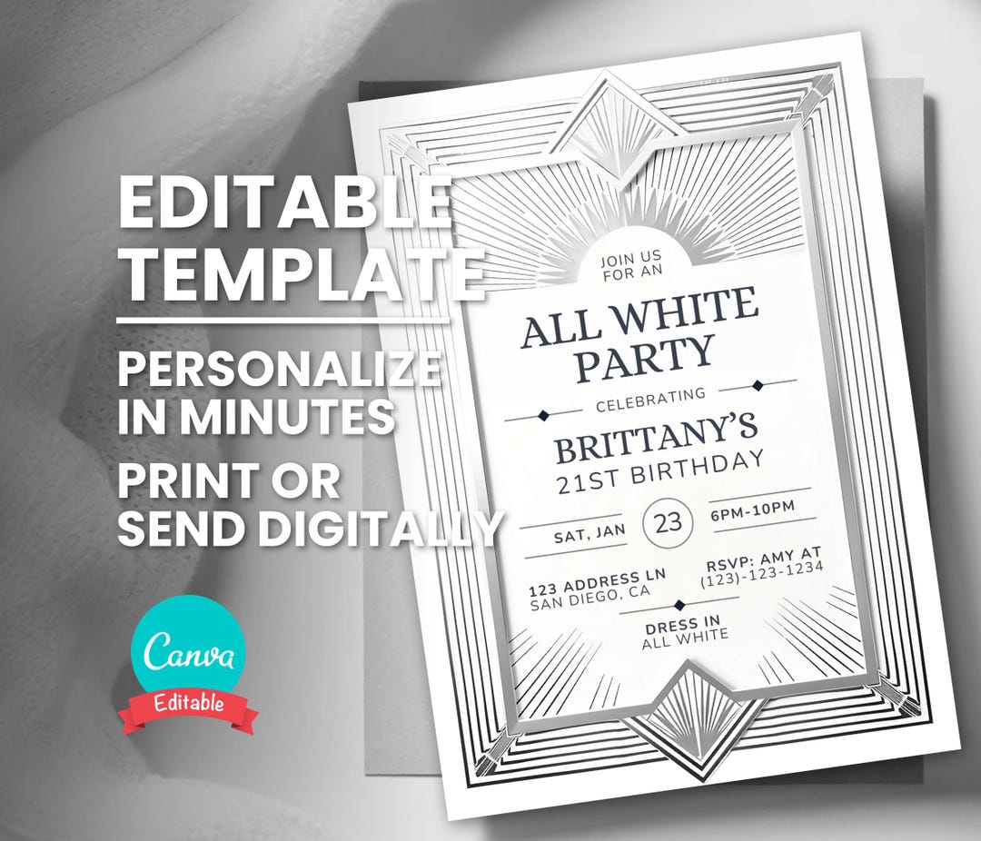 All White Theme Invitation, All White Party Invite, Editable Template ...