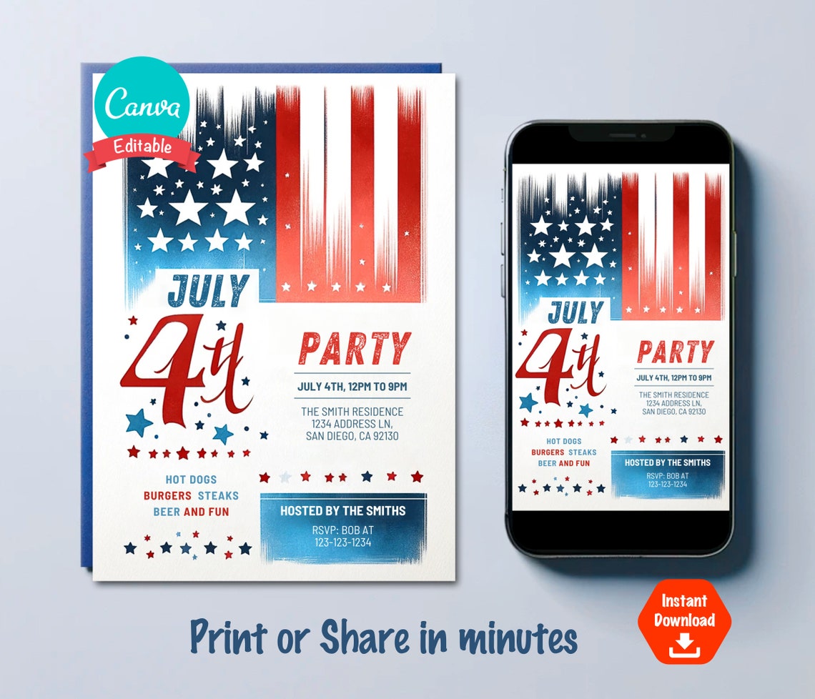 Editable July 4th Invite for Independence Day Party Invite for Friend ...