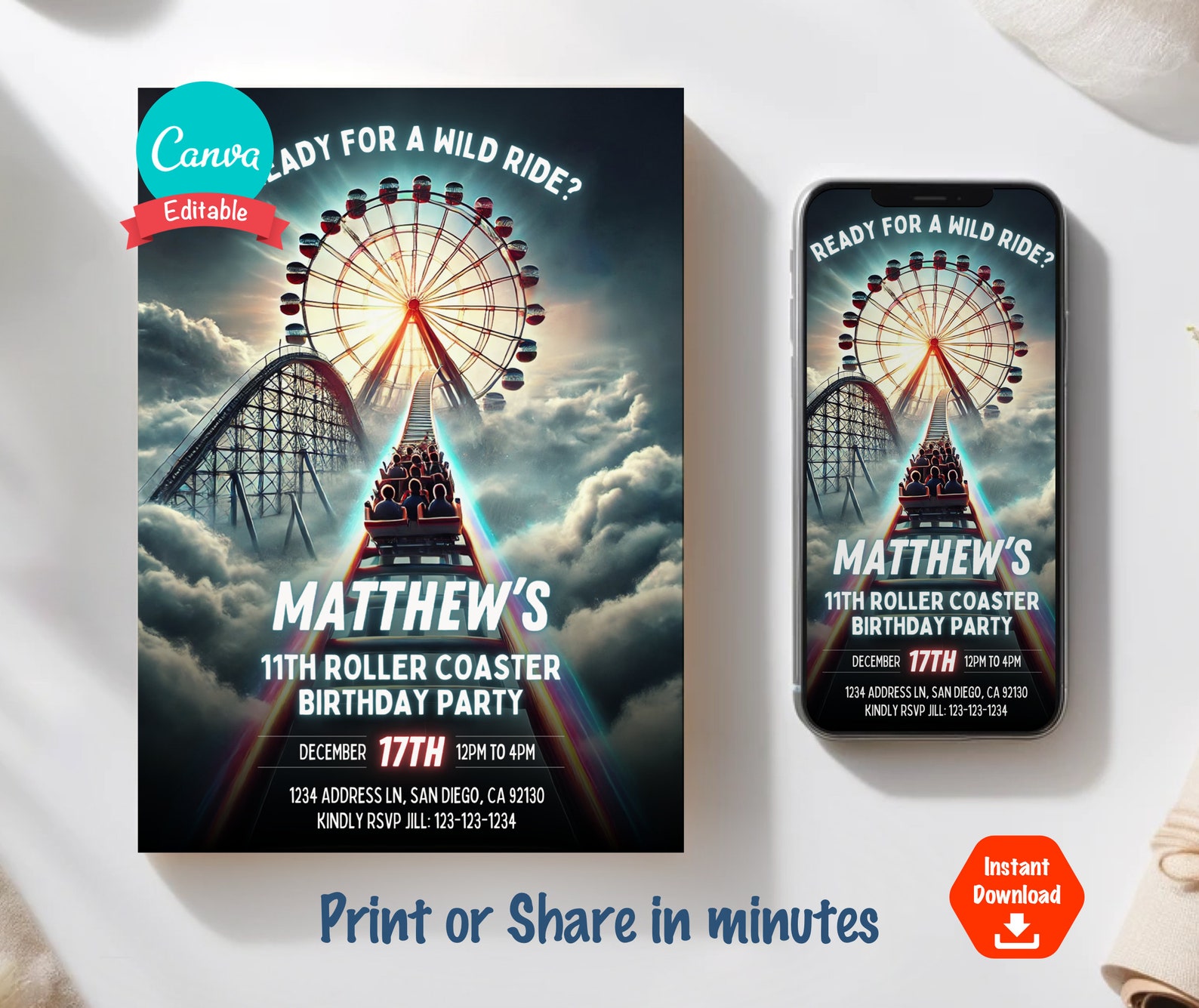 Amusement Park Invite for Rollercoaster Birthday Party Invitation ...