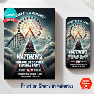 Amusement Park Invite for Rollercoaster Birthday Party Invitation ...