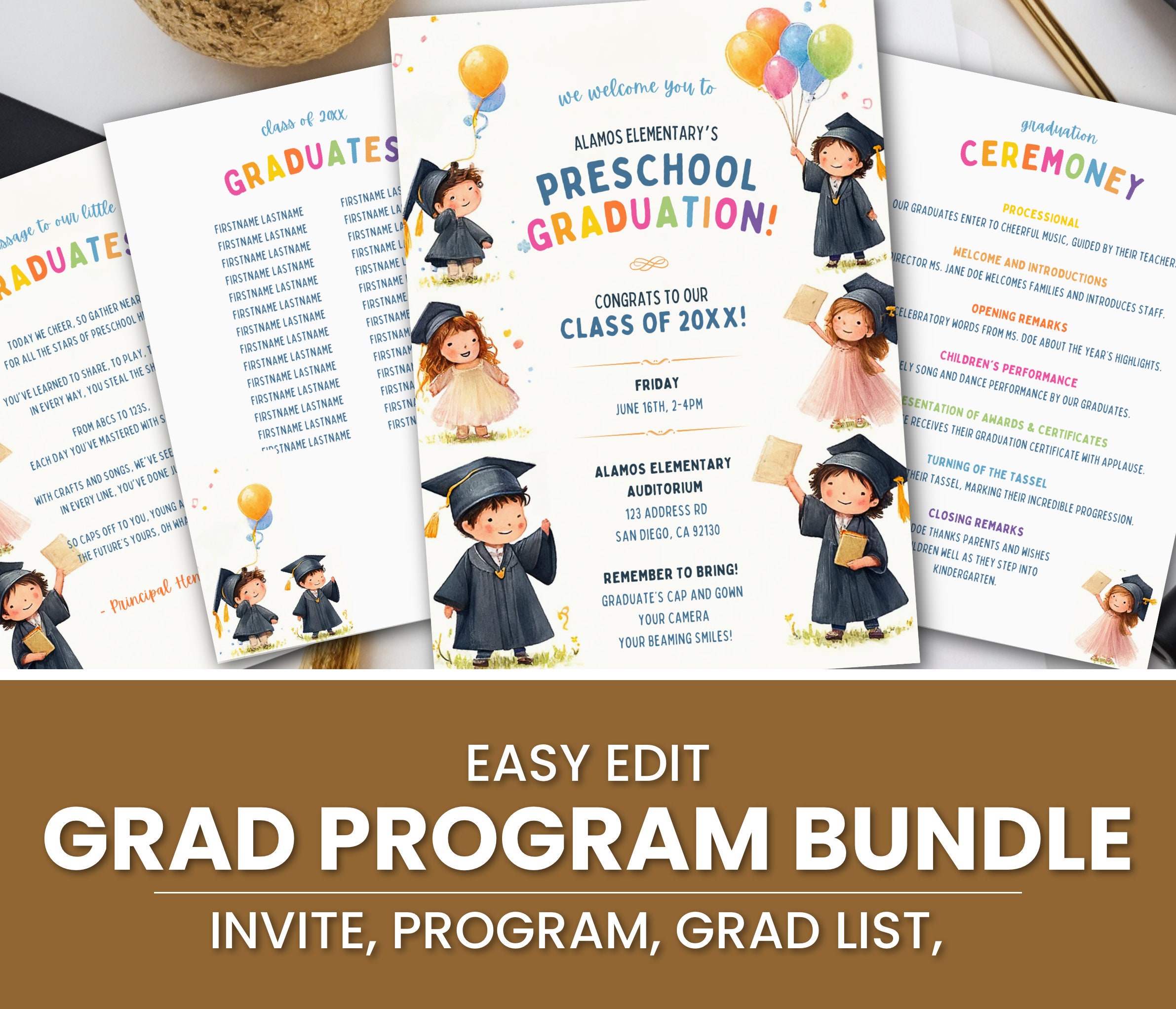 Graduation Ceremony Program Bundle for Preschool Prek Pre-k Elementary School Graduation ...