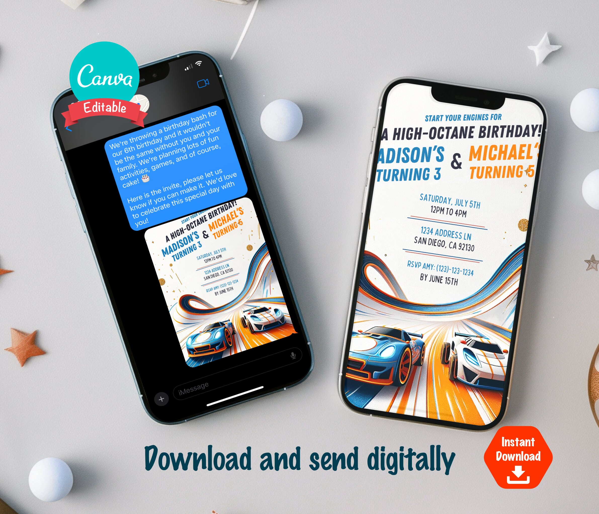 Joint Race Car Party Invitation for Joint Birthday or Double Birthday ...