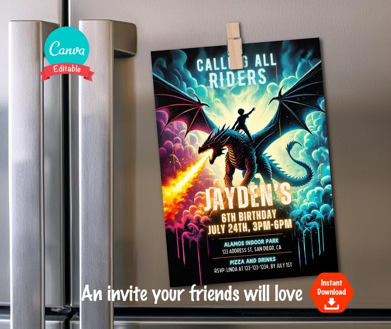 Epic Dragon Birthday Party Invitation Card, Calling All Riders ...