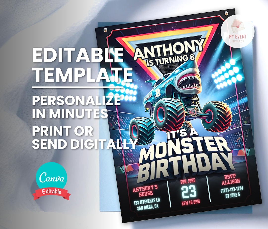 Megalodon Monster Truck Birthday Invitation, Editable Truck Age ...