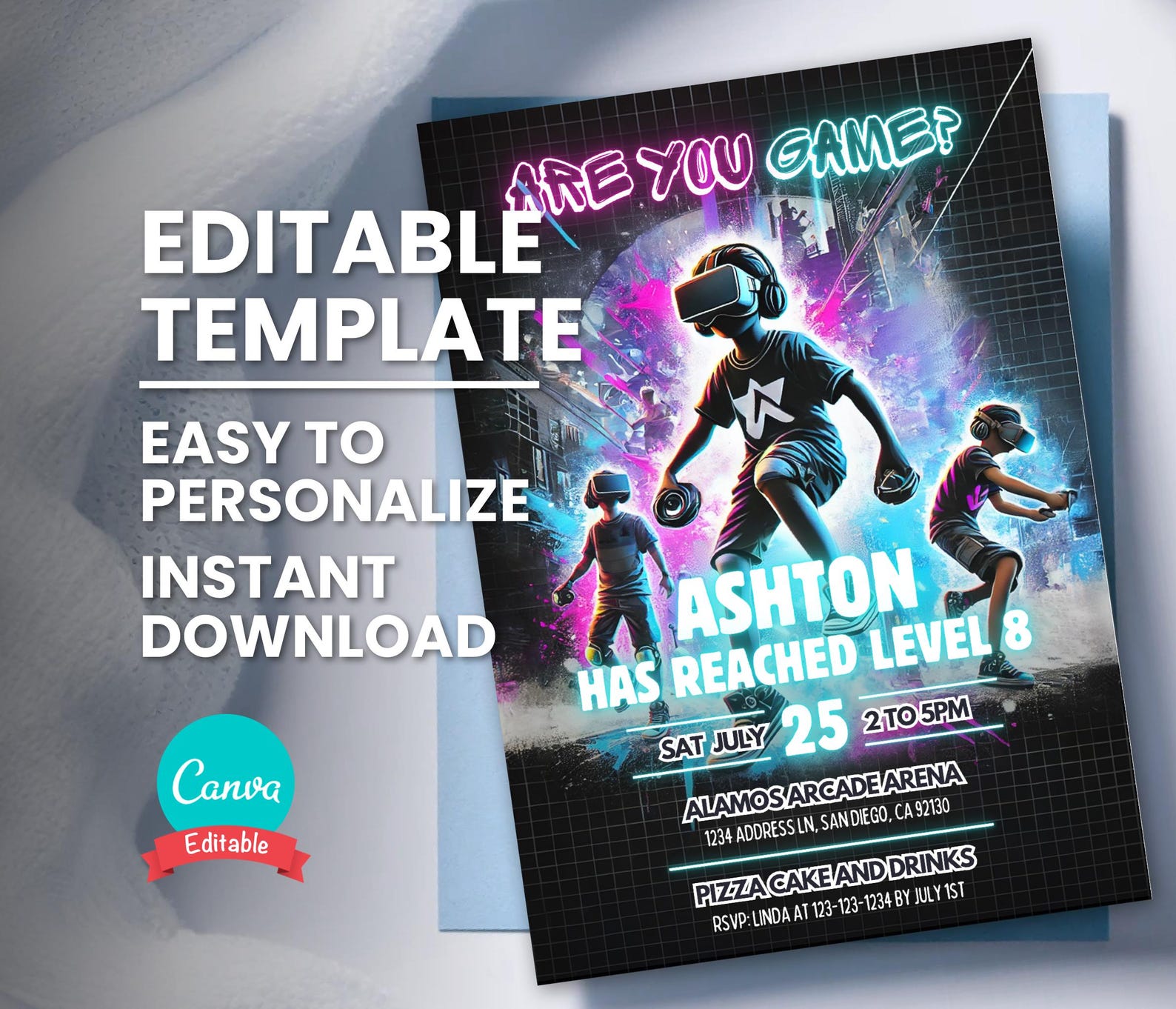 VR Birthday Invitation, Gamer Party Invite, Any Age Video Game Editable ...