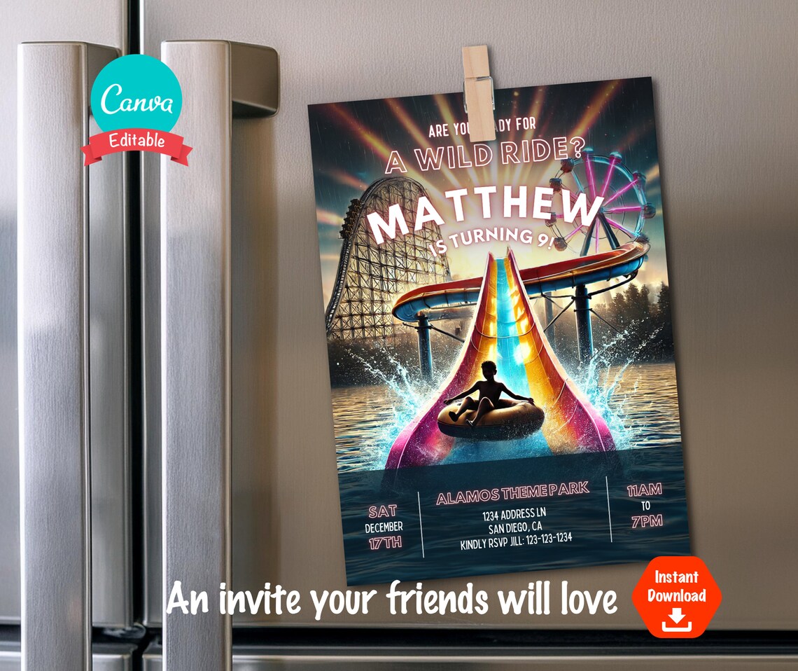 Waterpark Birthday Party Invitation for Amusement Park, Theme Fun Park ...