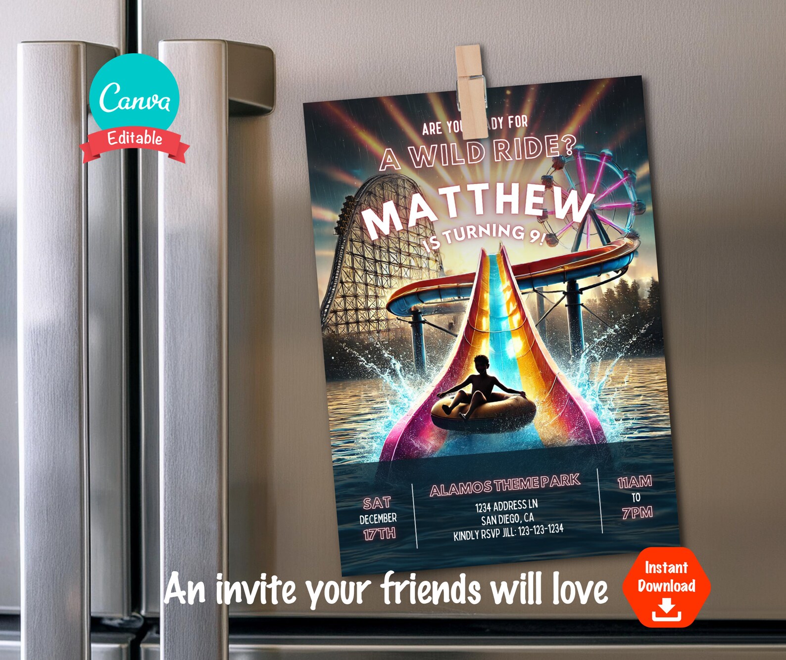 Waterpark Birthday Party Invitation for Amusement Park, Theme Fun Park ...