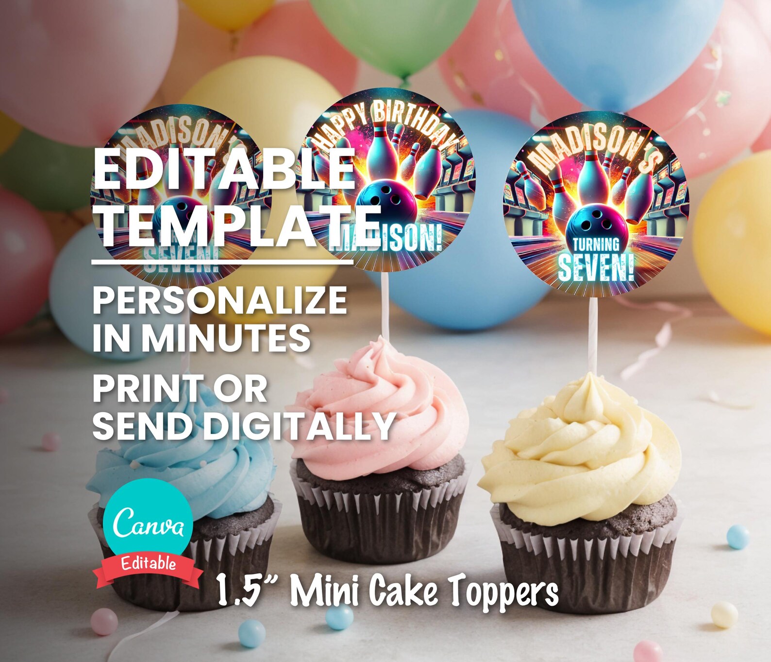 Bowling & Arcade Cake Topper, Video Arcade Party, 1.5" Cupcake ...