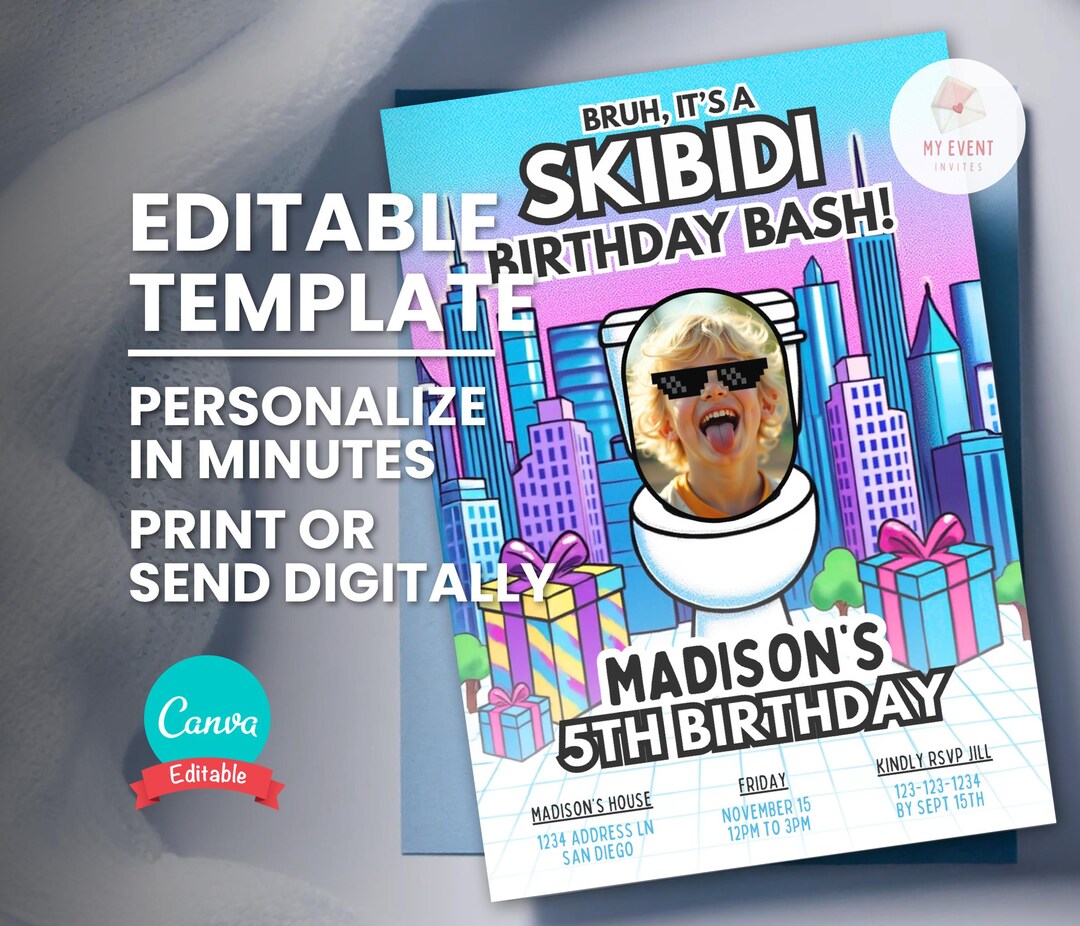 Skibidi Bruh Birthday Invitation, Any Age Gen Alpha Photo Invite ...