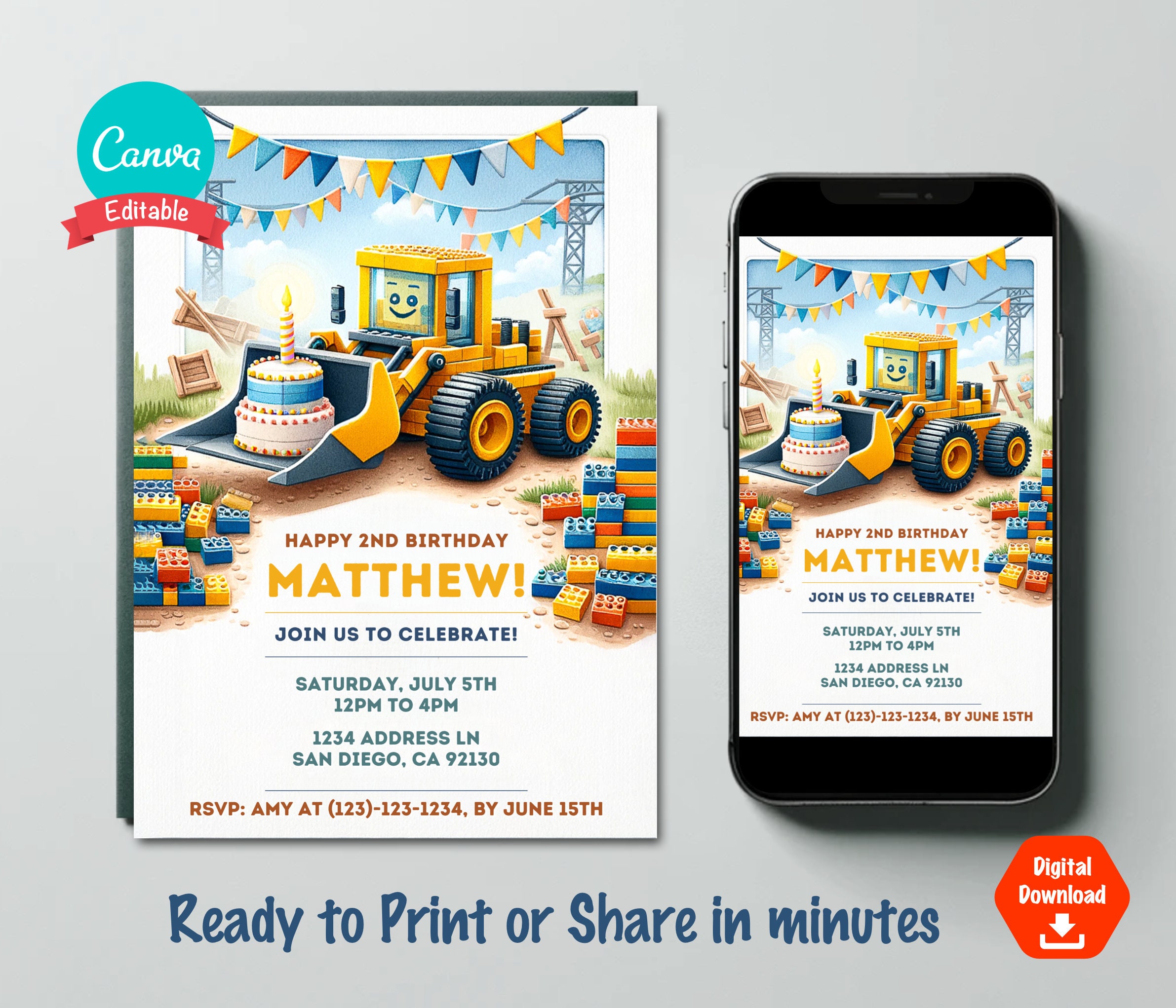 Bulldozer Birthday Invitation Card for Boy Construction Party Invite ...
