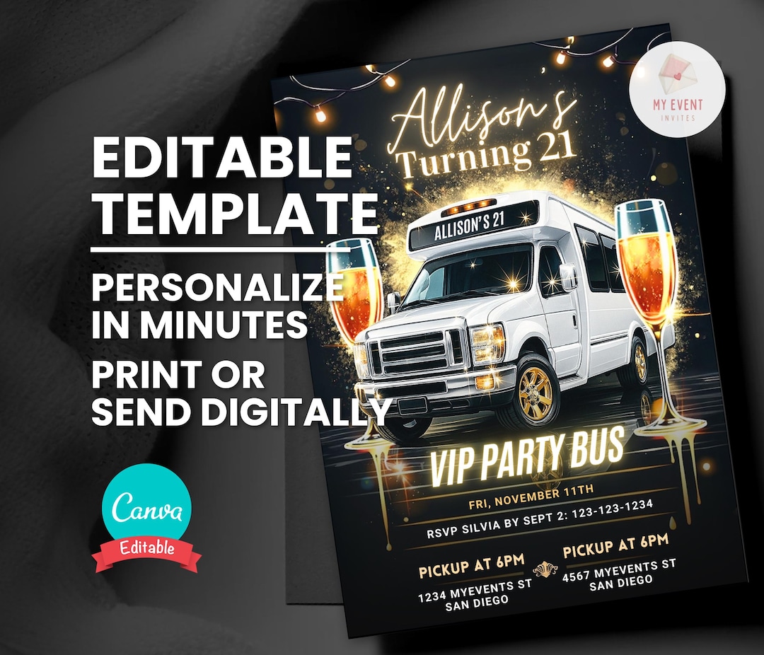 White Party Bus Birthday Invitation, VIP Party Bus Invite, Editable ...