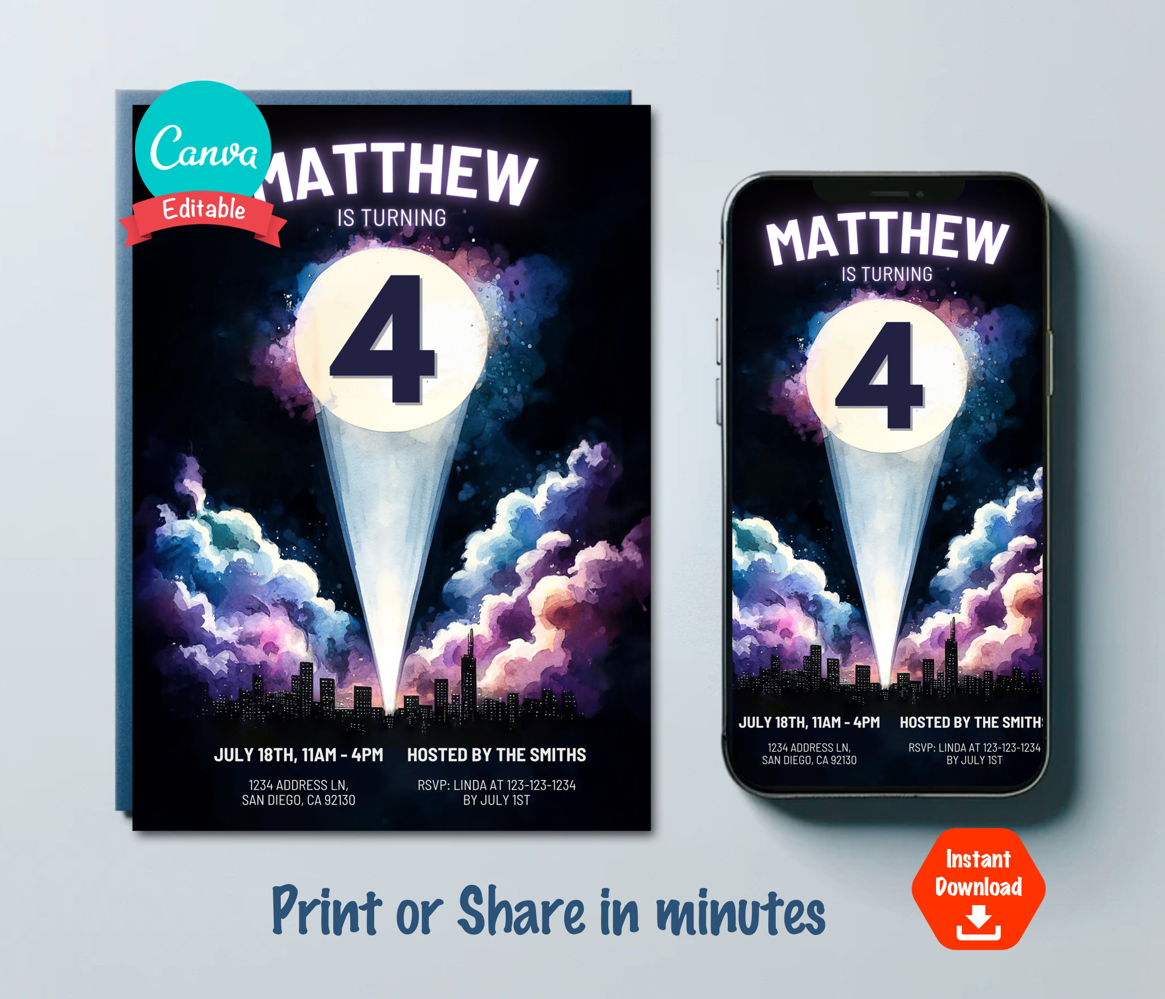 Editable Calling All Heroes Searchlight Birthday Invite for Kid Super ...