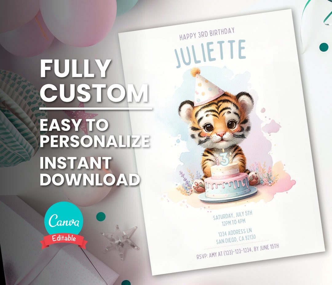 Editable Baby Tiger Birthday Party Invitation for Kid Wild Animal ...