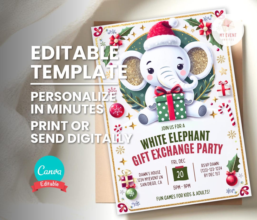 White Elephant Party Invitation, Gift Exchange Invite, Editable ...