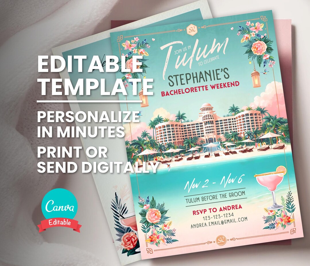 Tulum Bachelorette Invitation, Beach Resort Bach Party Invite, Editable ...
