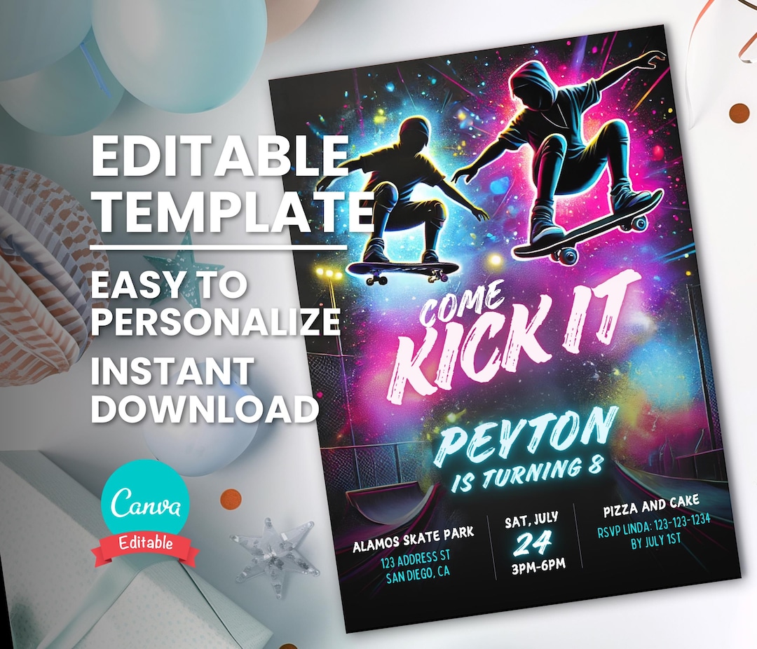 Skateboarding Invite for Skateboard Park Birthday Party, Teen Skate ...
