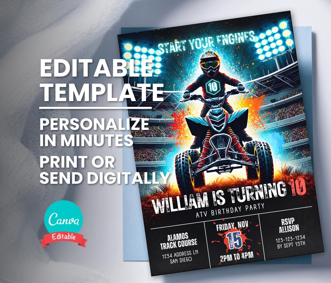 ATV Birthday Invitation, Editable Age, Quad Bike Party Invite, Editable ...