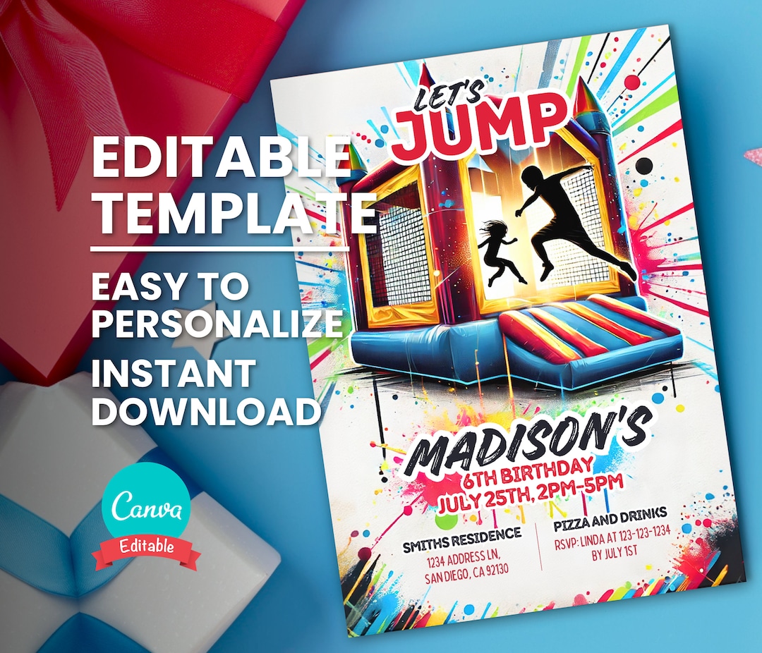 Let's Jump Party Invite for Bounce House Birthday, Boy or Girl Bounce Castle Birthday Invitation ...