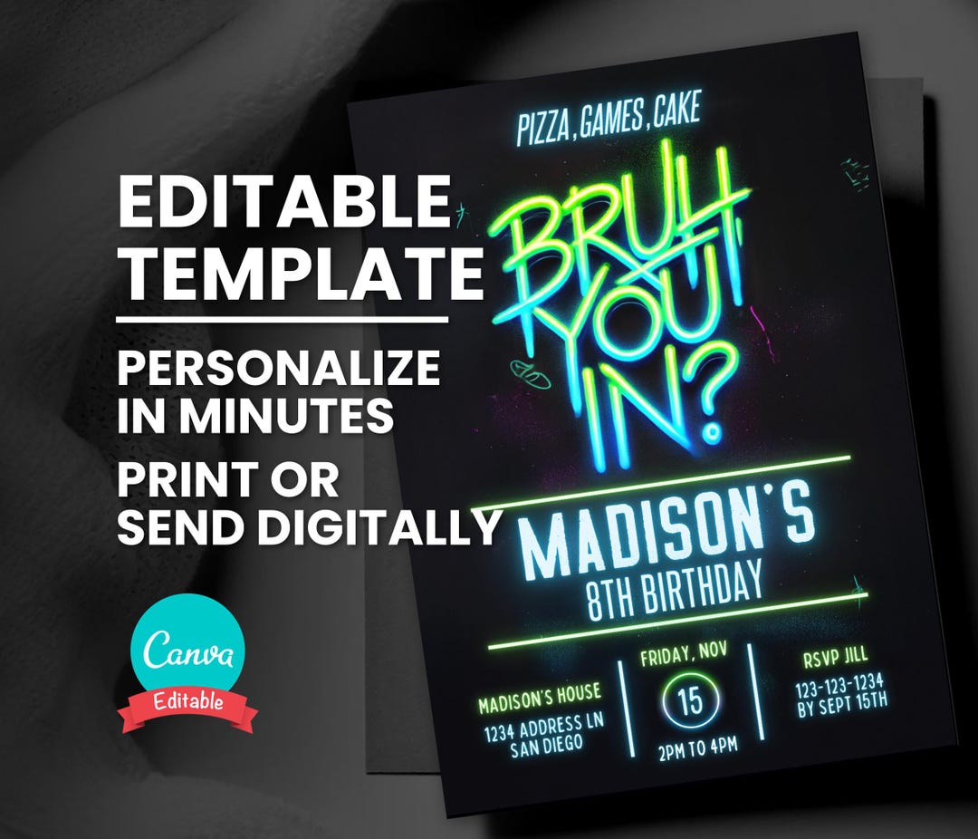 Bruh Birthday Invitation, Neon Graffiti Party Invite, Any Theme ...