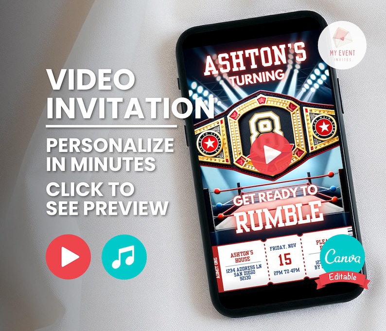 Wrestling Video Birthday Invitation Set With Invite, Editable Belt Age ...