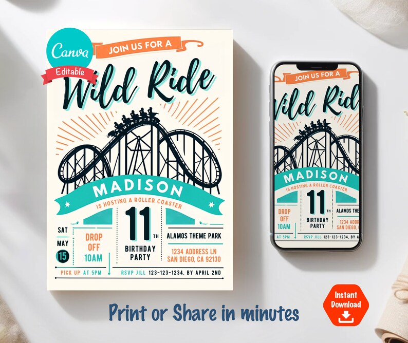 Roller Coaster Invite for Amusement Park Birthday Party Invitation, Roller Coaster Birthday ...
