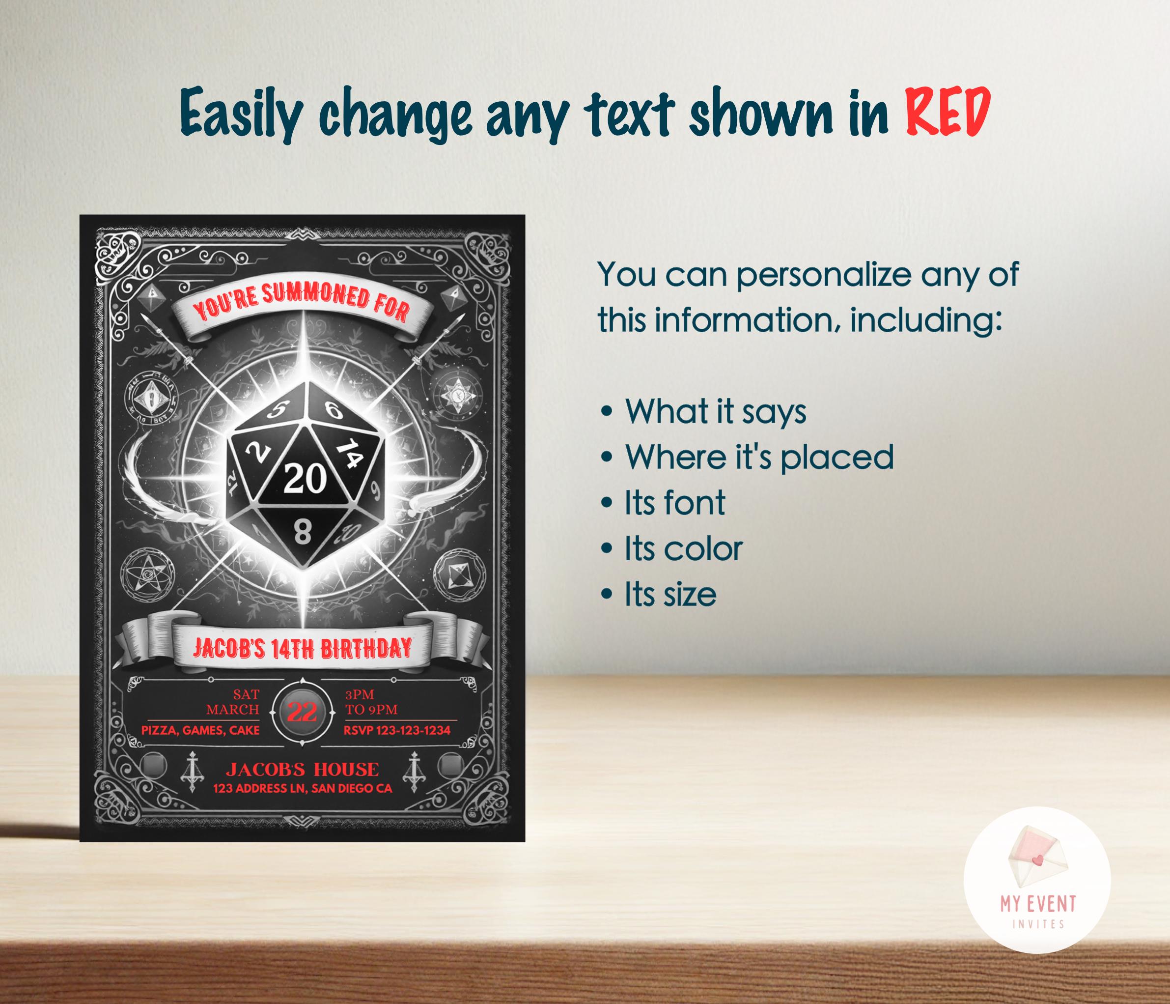 D&D Birthday Invitation, DND TTRPG Party Invite, Board Game Editable ...