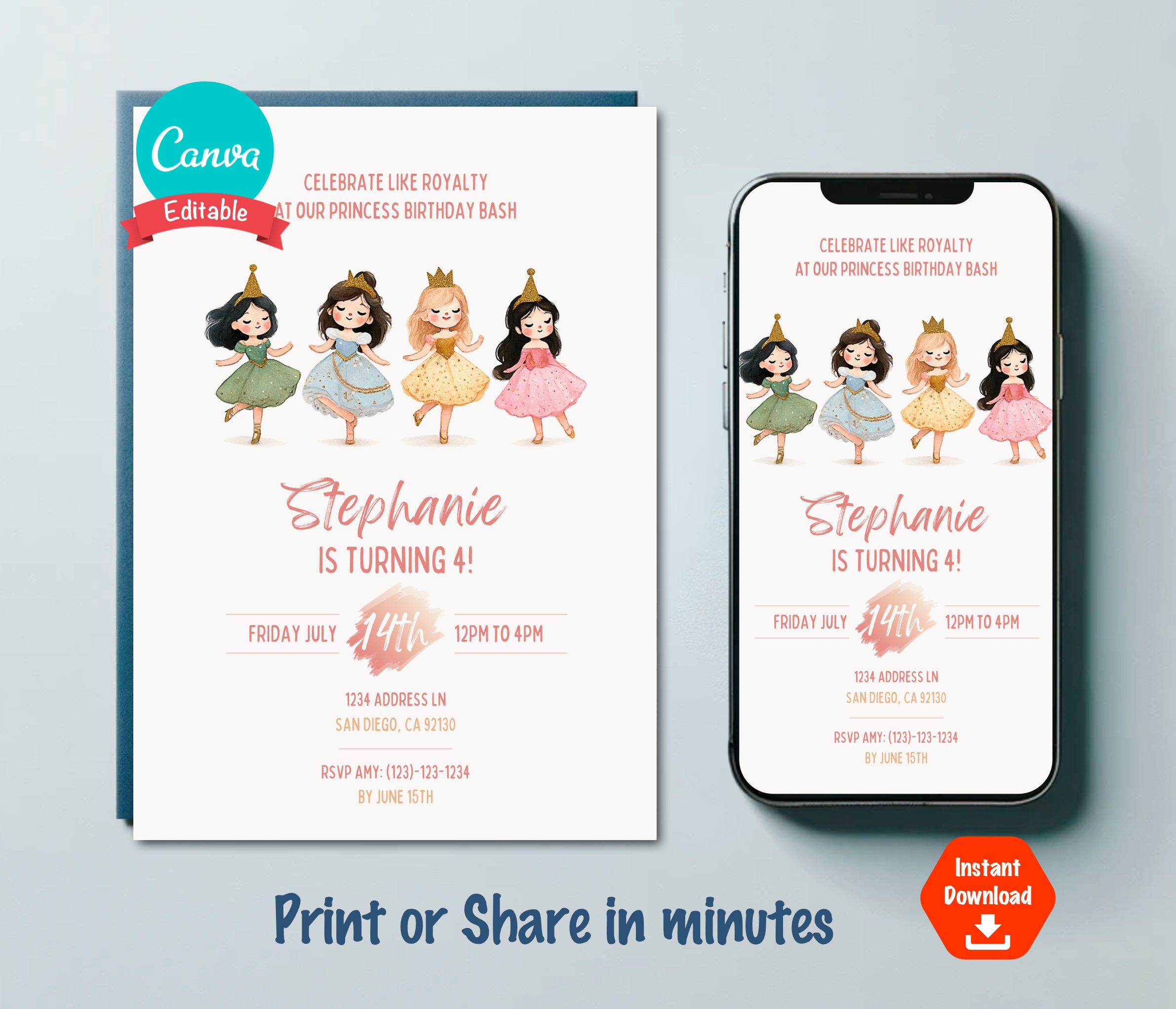 Princess Birthday Invitation, Royal Ball, Canva Template (digital ...
