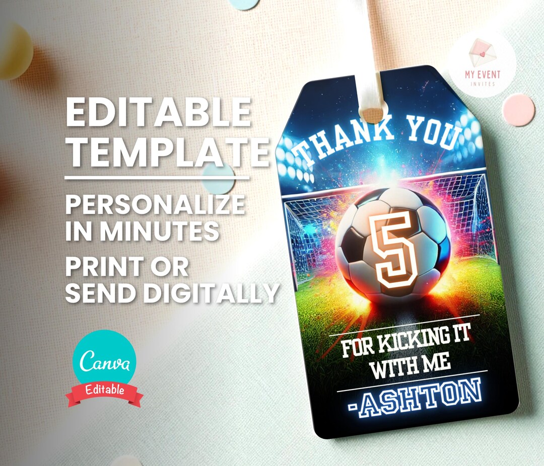 Soccer Thank You Tag for Soccer Theme Party, Gift Bag Accessory, Teen ...