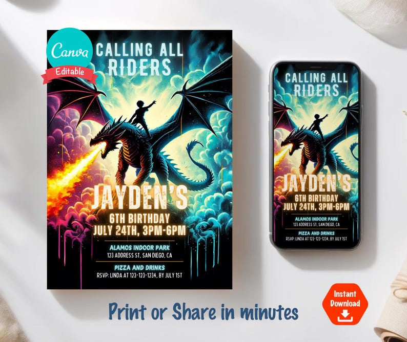 Epic Dragon Birthday Party Invitation Card, Calling All Riders ...