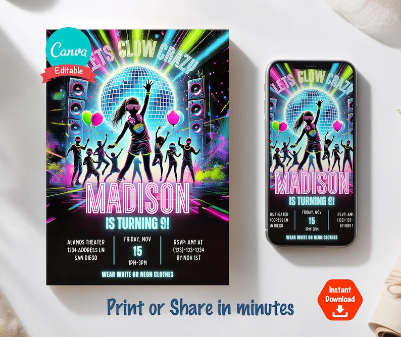Glow Birthday Invitation, Lets Glow Party Invite, Any Age, Editable ...