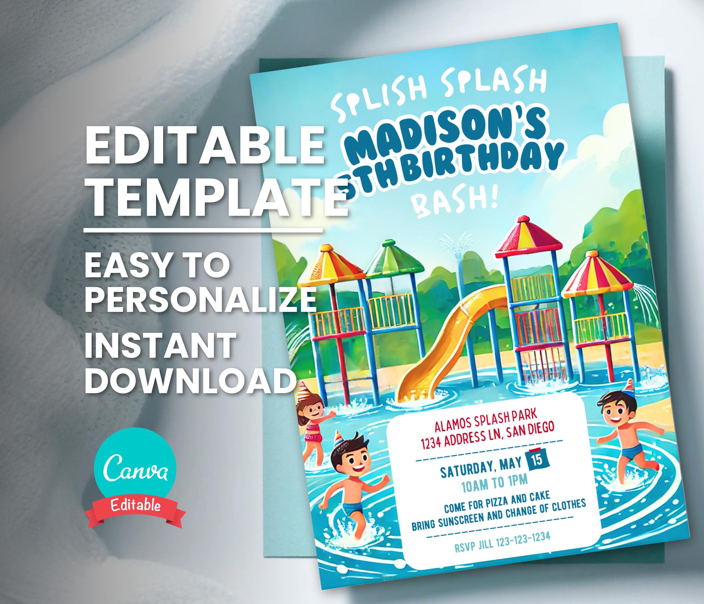 Splish Splash Birthday Bash Invitation for Splash Park or Water Park ...