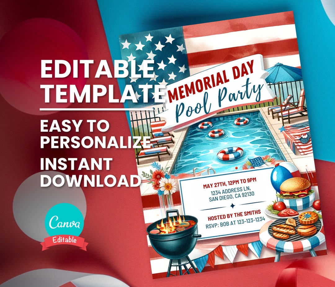 Memorial Day Pool Party Invitation for Backyard Gathering or ...