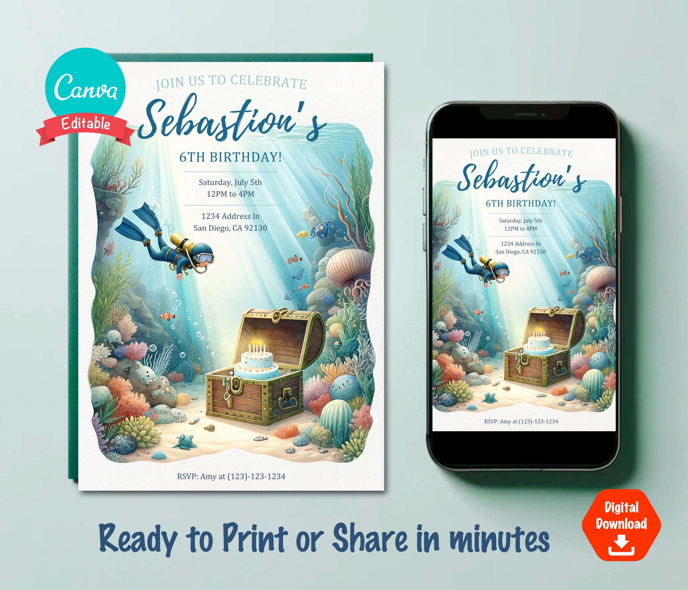 Scuba Diver Birthday Party Invitation Underwater Treasure Theme Instant ...