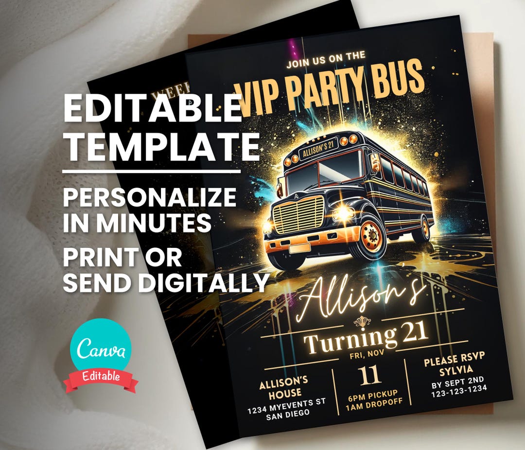 Party Bus Invitation With Itinerary, VIP Birthday Weekend Invite ...