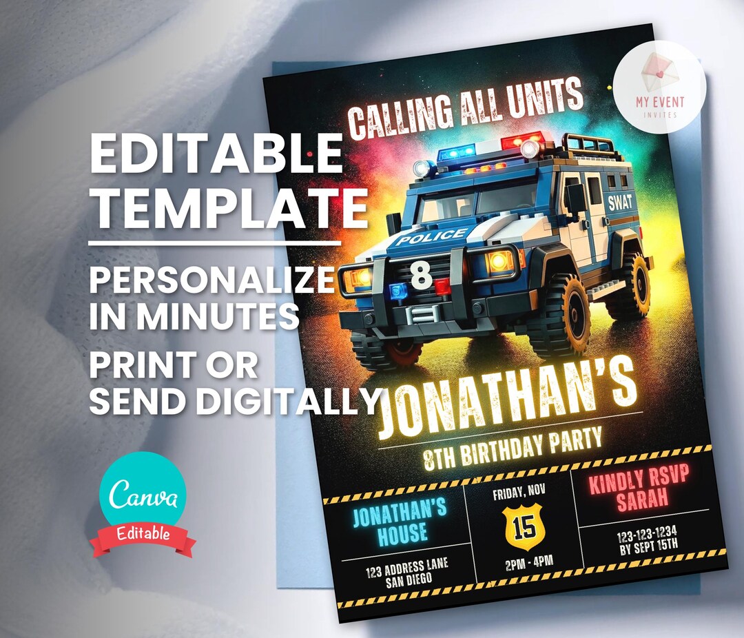 Police SWAT Birthday Invitation, Editable Car Number, Editable Digital ...