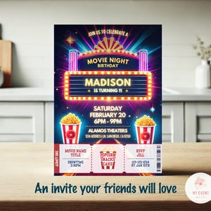 Movie Birthday Invitation, Theater Party Ticket Invite, Teen Movie ...