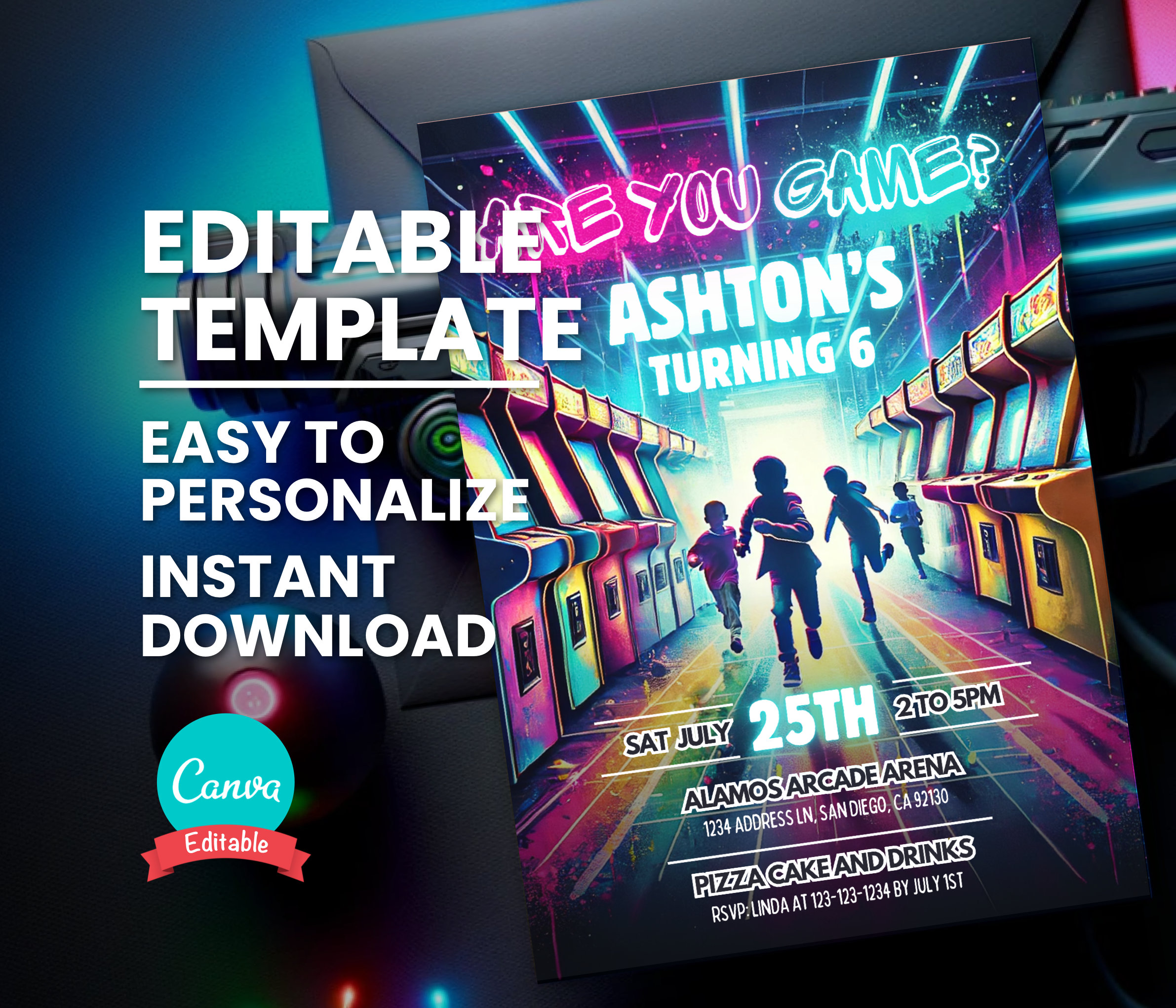 Arcade Birthday Party Invite for Boy Video Arcade Birthday, Neon Game ...