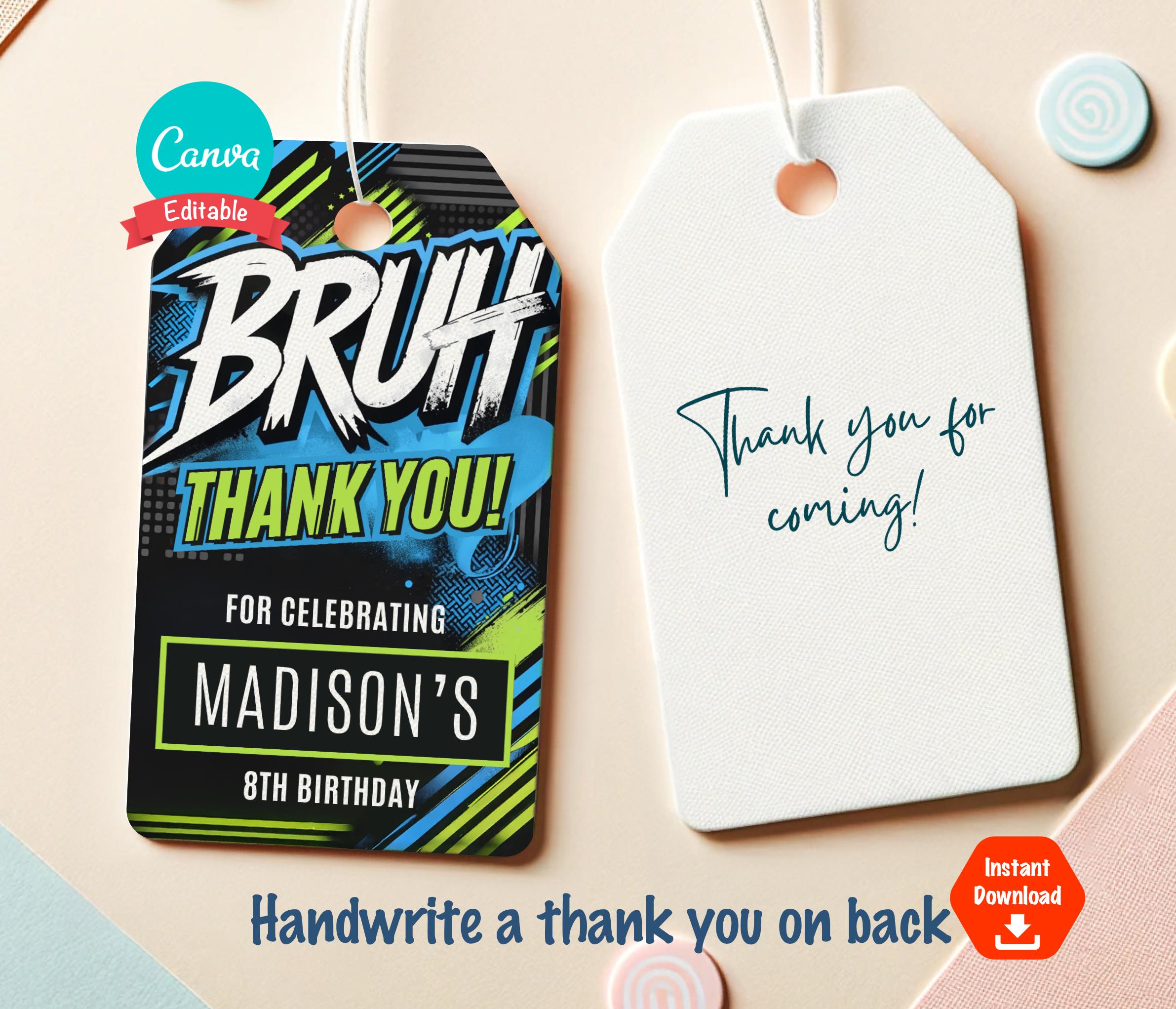 Bruh Thank You Tag, Editable Template, Party Gift Bag Accessory ...