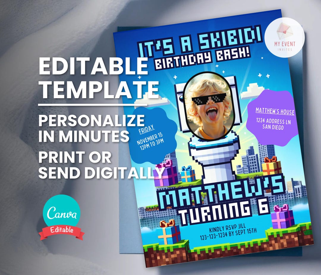 Skibidi Birthday Invite, Any Age Gen Alpha Gamer Photo Invitation ...