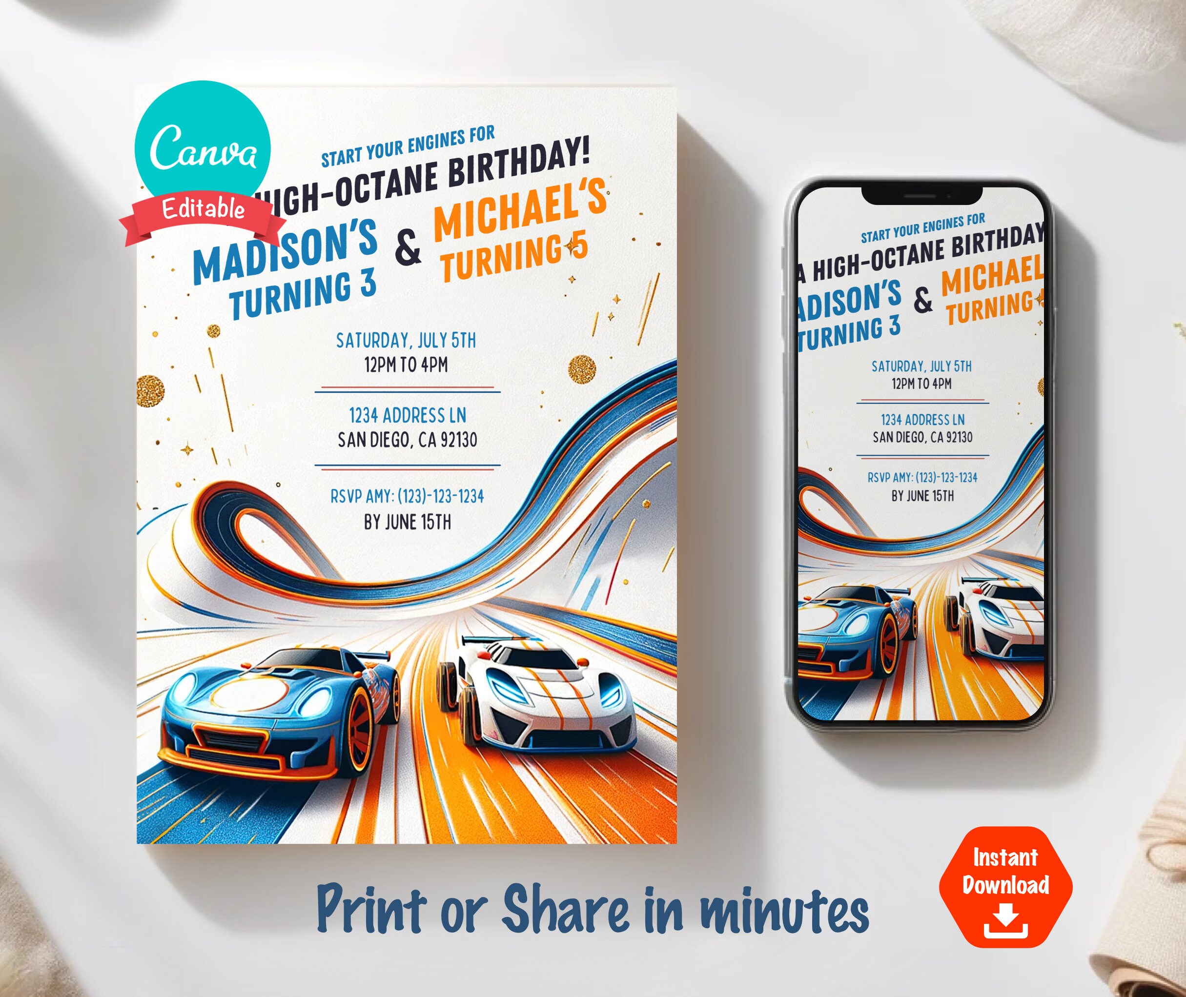 Joint Race Car Party Invitation for Joint Birthday or Double Birthday ...