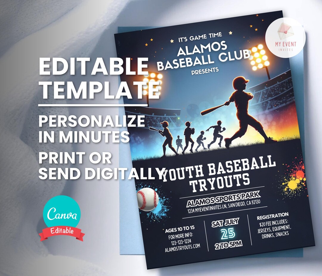 Baseball Tryout Invitation, Team League or Association Tryout Invite ...