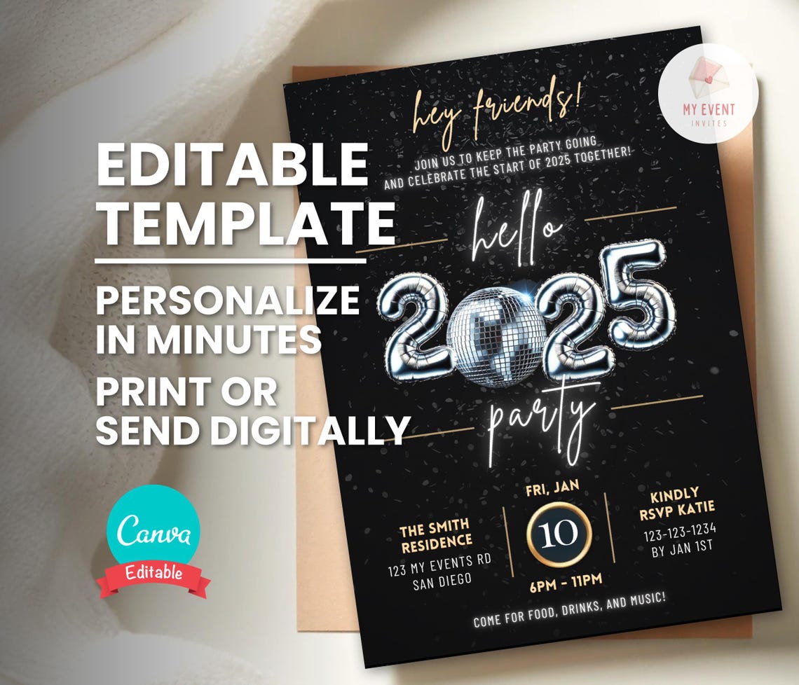 New Year Party Invitation, Kick off 2025 Party Invite, Editable Digital ...