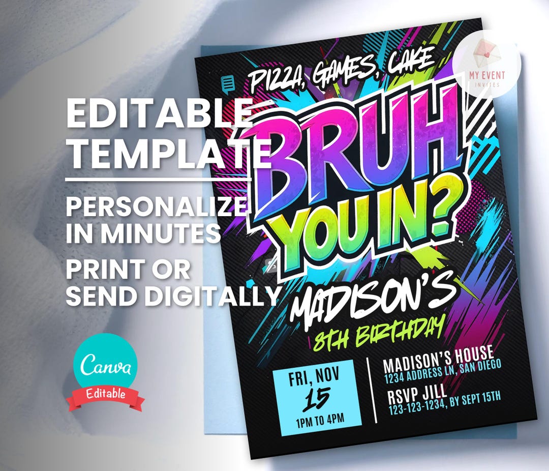 Bruh Birthday Invitation, Neon Graffiti Party Invite, Any Age & Theme ...