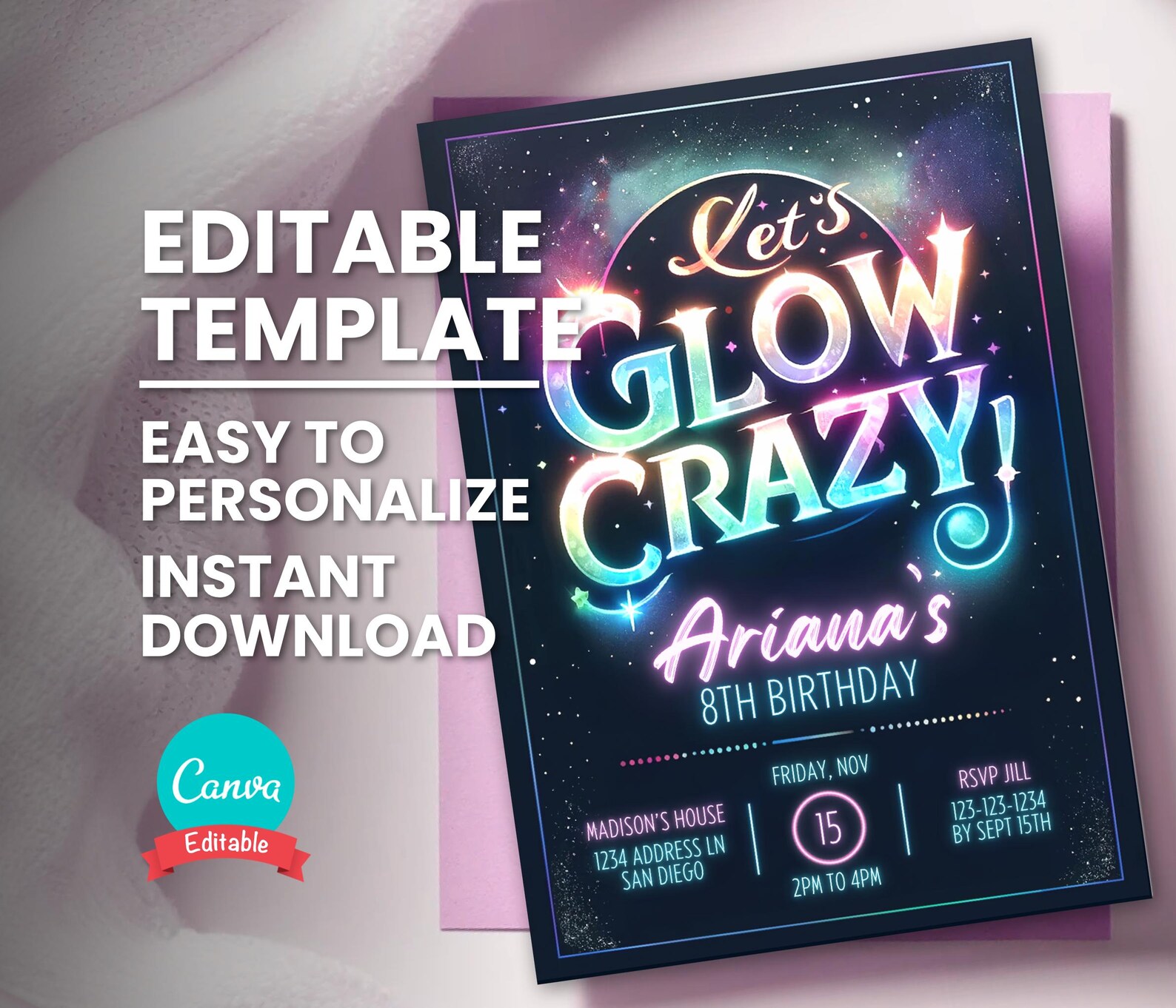 Let's Glow Crazy Birthday Invitation, Any Age Neon Glow Party Invite ...
