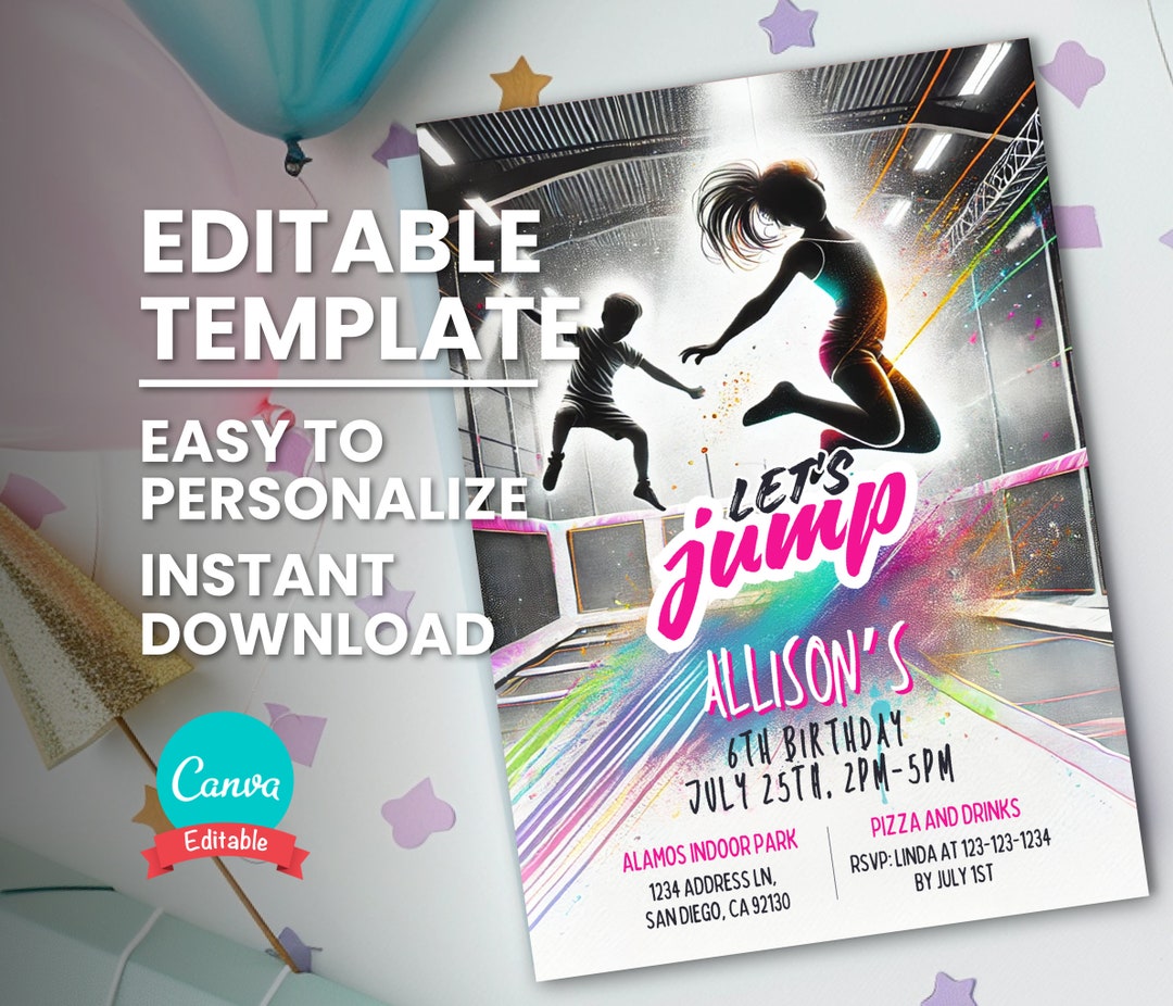 Trampoline Birthday Invitation, Girl Let's Jump Party Invite, Editable ...