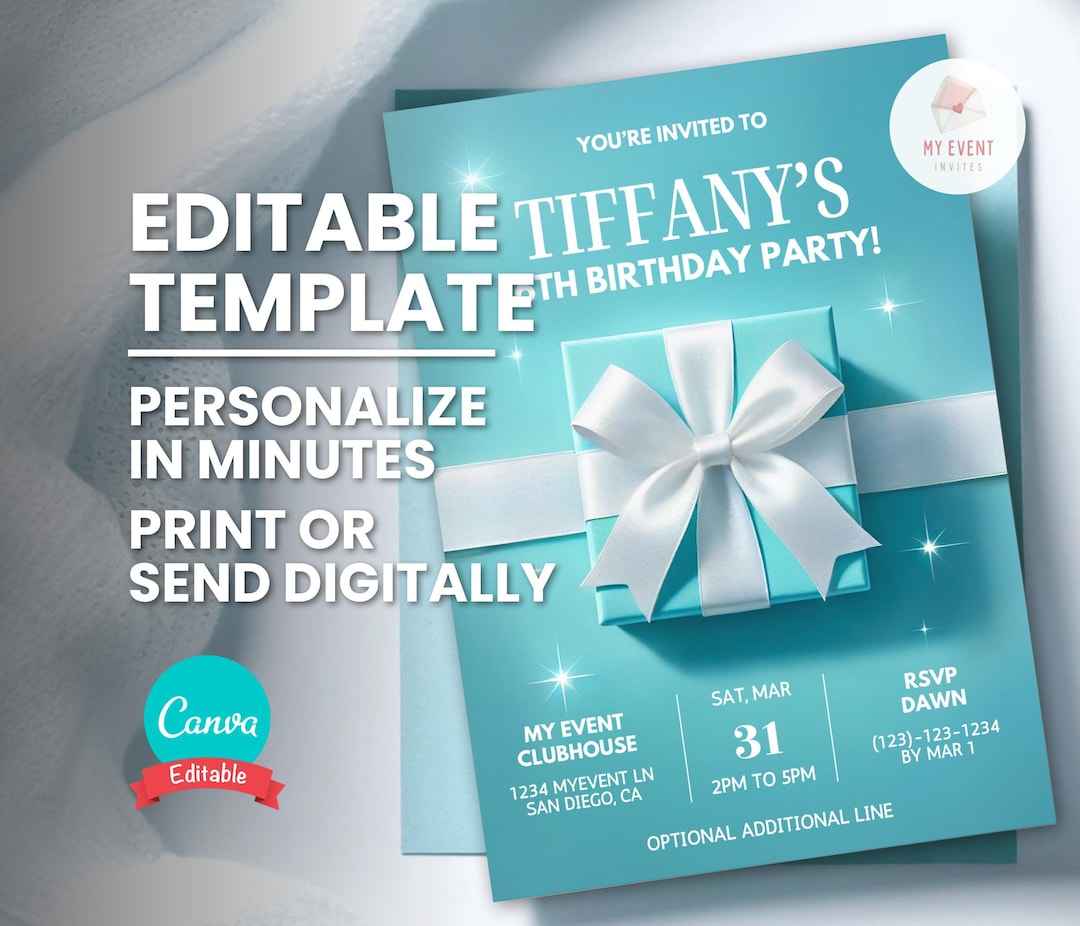 Tiffany Birthday Invitation, Gift Box Invite, Any Age Editable Template ...