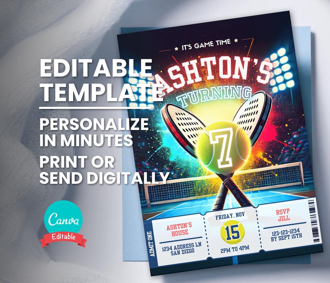 Padel Birthday Invitation, Any Age, Editable Padel Ball Ticket Bday ...