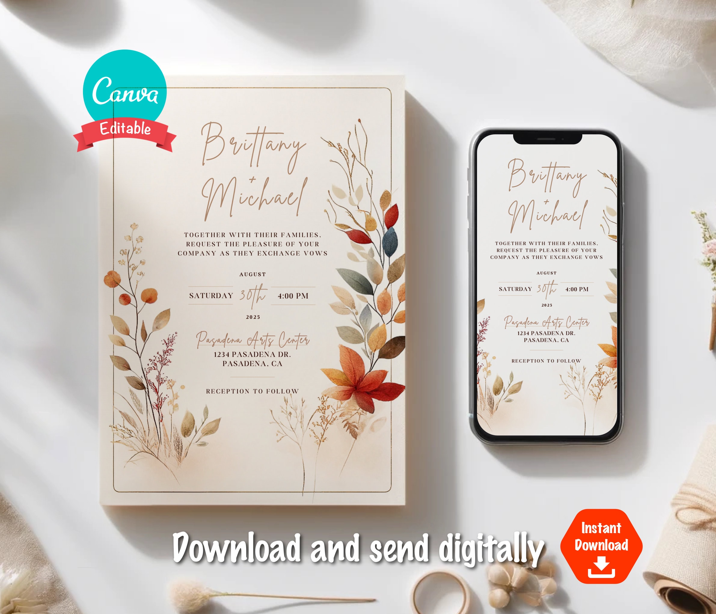 Editable Rustic Bohemian Wedding Invite for Rustic Weddings Invitation ...